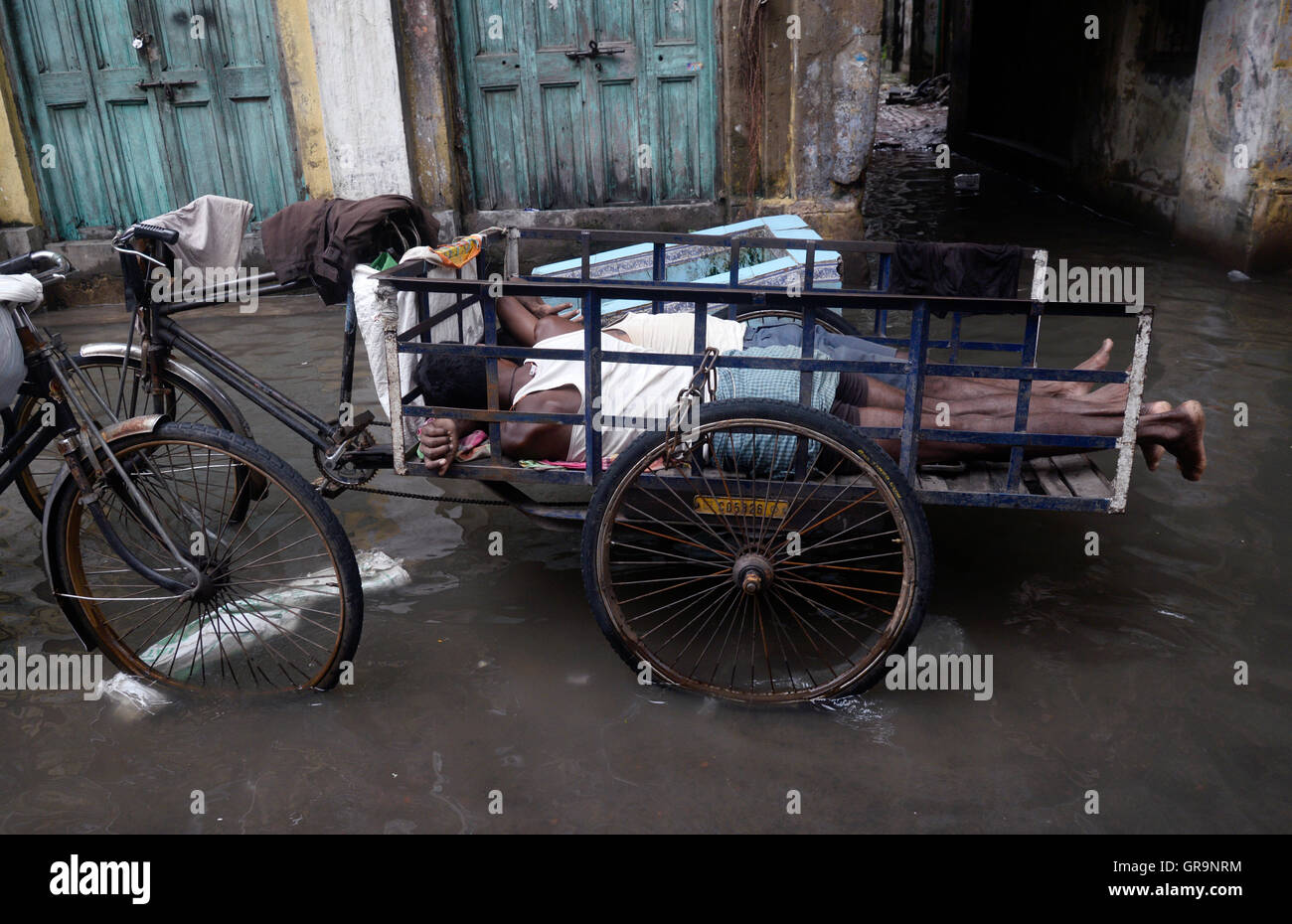 Kolkata, India. 06th Sep, 2016. Cycle van puller sleep on van inwater ...