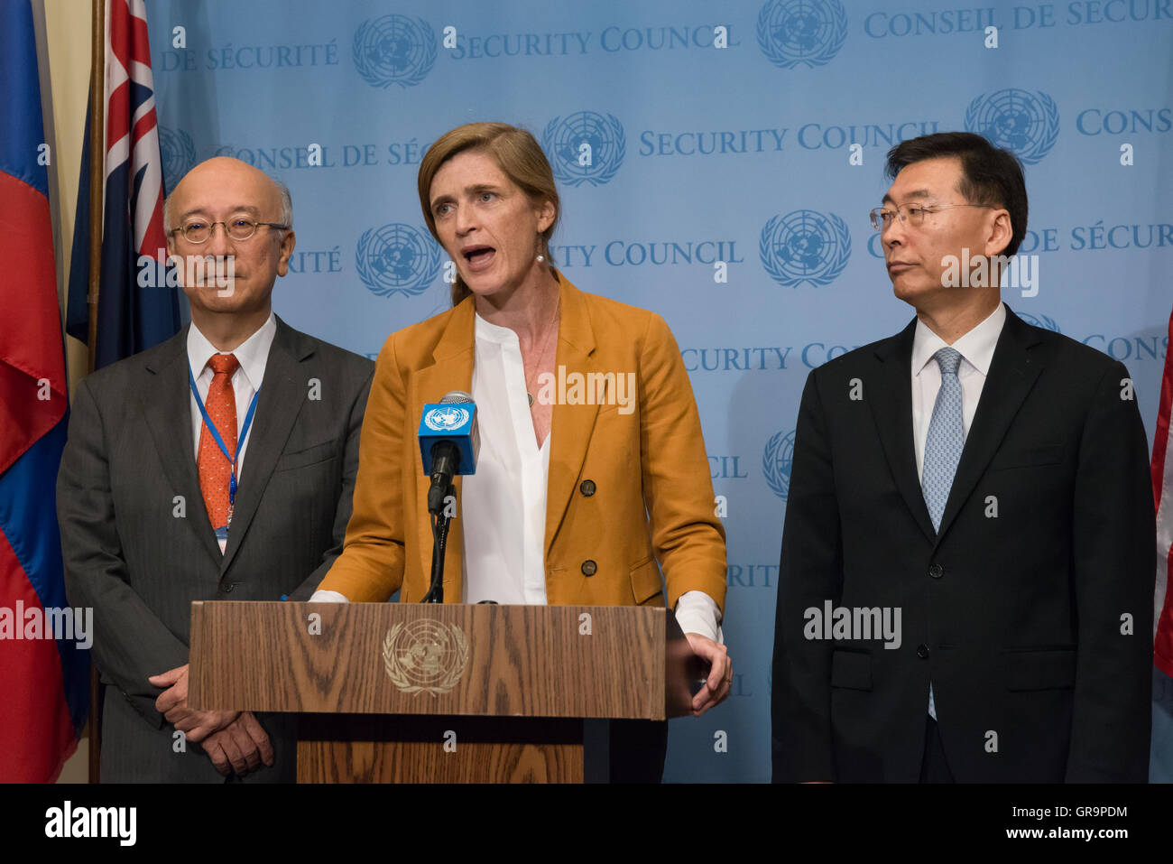US Ambassador to the United Nations Samantha Power (center) speaks with ...