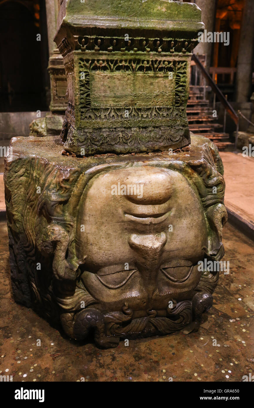 Medusa columns base inside Basilica Cistern Stock Photo - Alamy