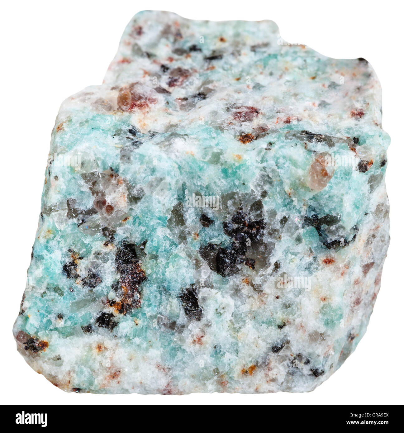 macro shooting of Igneous rock specimens - natural amazonitic granite mineral isolated on white ...