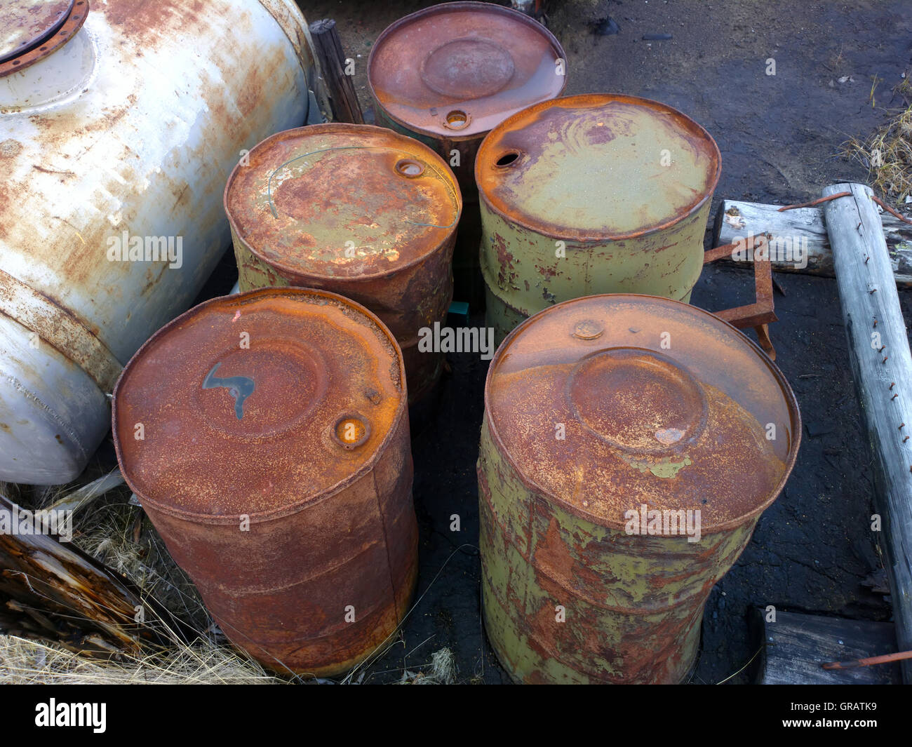 empty cask from the fuel in the taiga in the North Stock Photo - Alamy