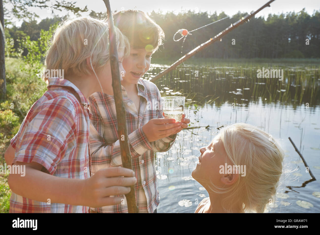 Brothers and sister fishing at sunny pond Stock Photo - Alamy