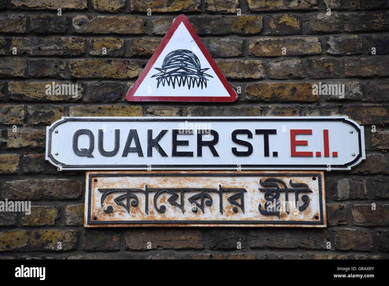 Quaker Street on corner of Brick Lane, Spitalfields, London. Borough of ...