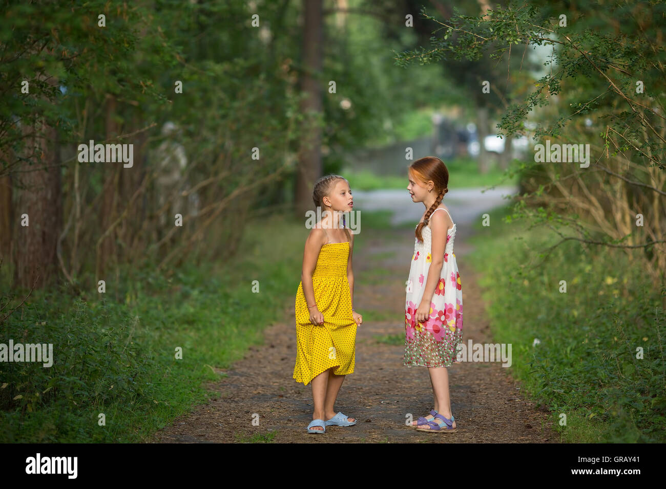 Two cute little girls talking emotionally standing in a Park Stock ...