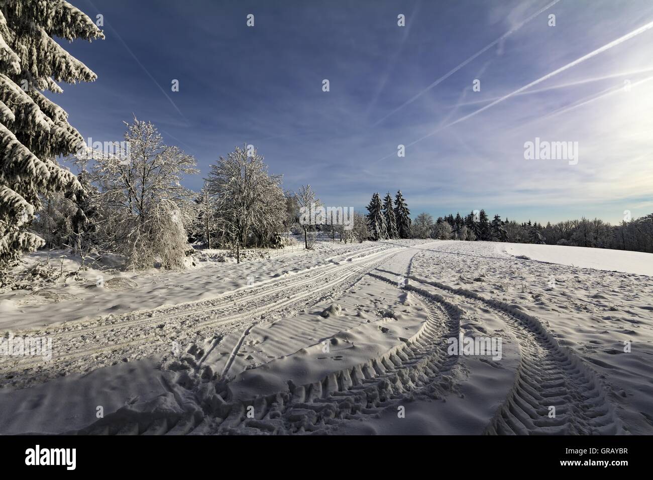 Winter Landscape With Tracks In Snow Stock Photo - Alamy
