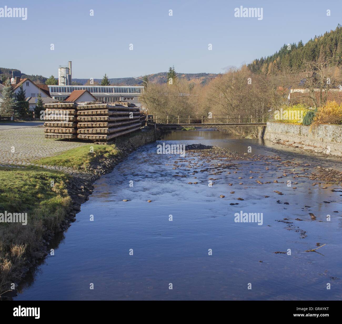 The Wild Rodach At The Rafts Docking Place With Stacked Tourism Rafts ...