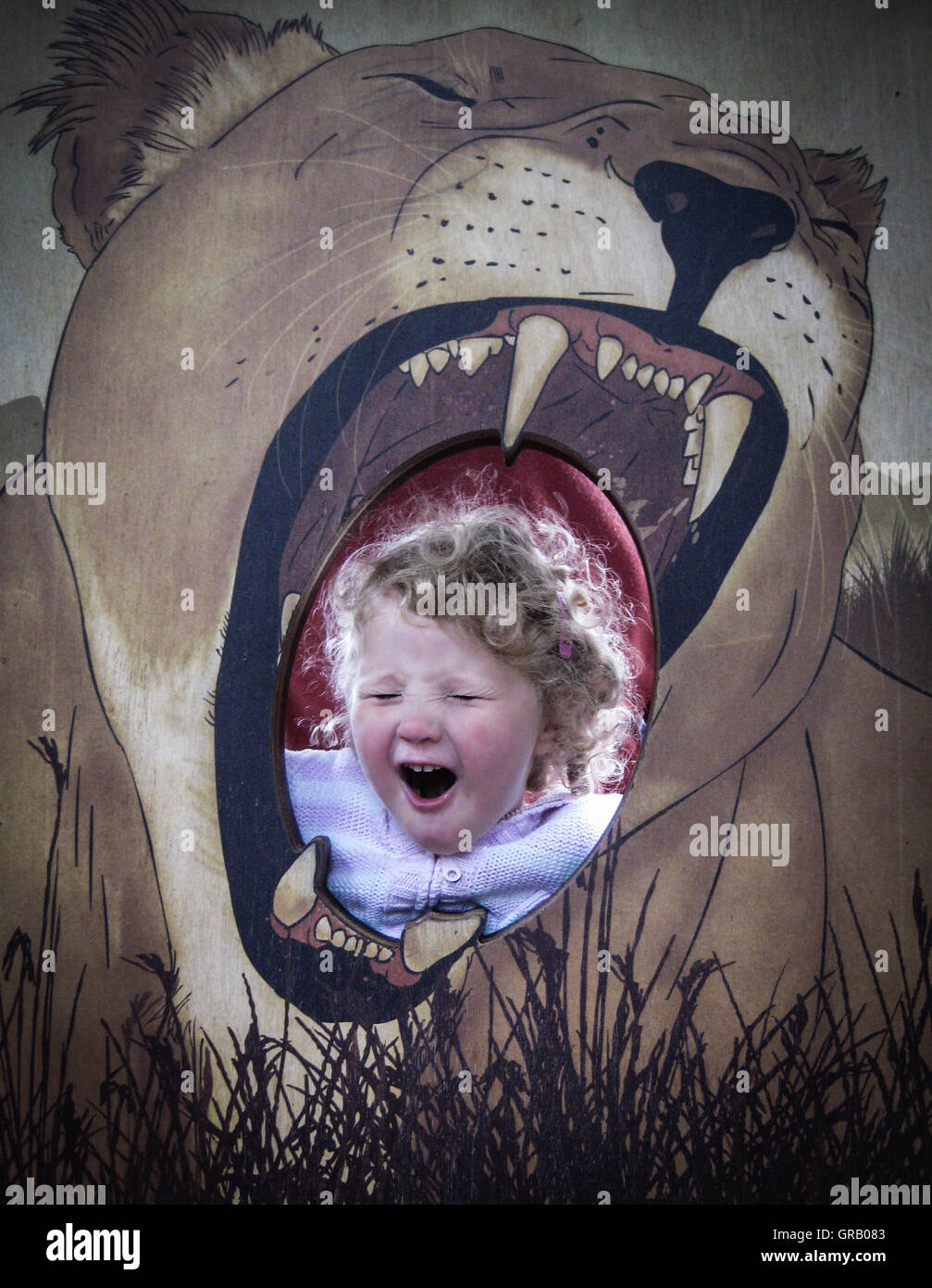 Cute Girl Putting Her Face In Artificial Lion Sculpture Stock Photo - Alamy
