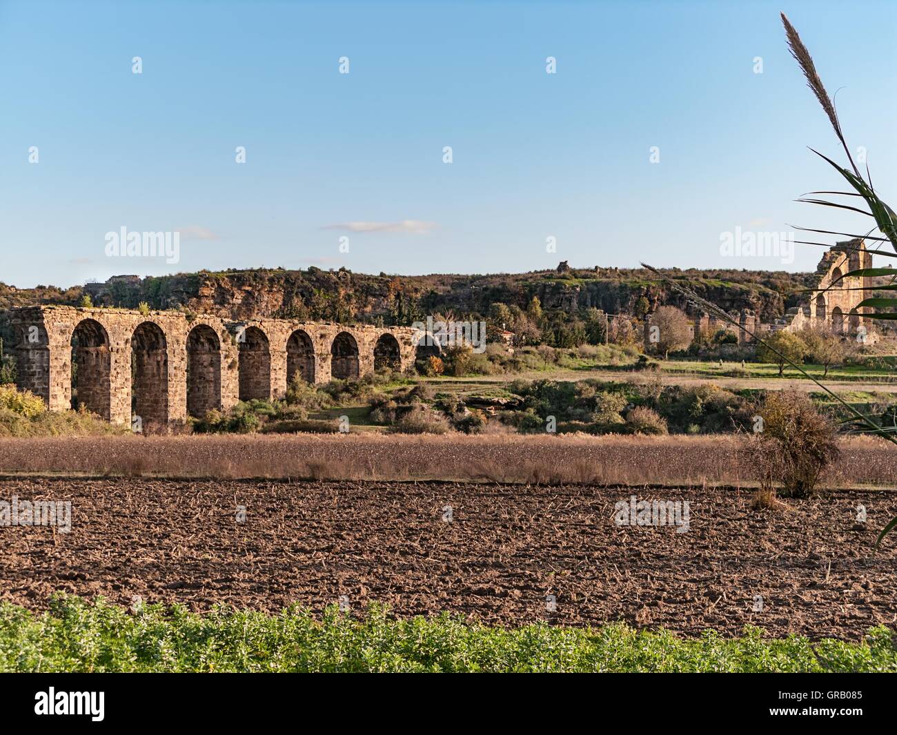 The Roman Aqueduct With The 30 Meter High Water Tower Right Stock Photo ...