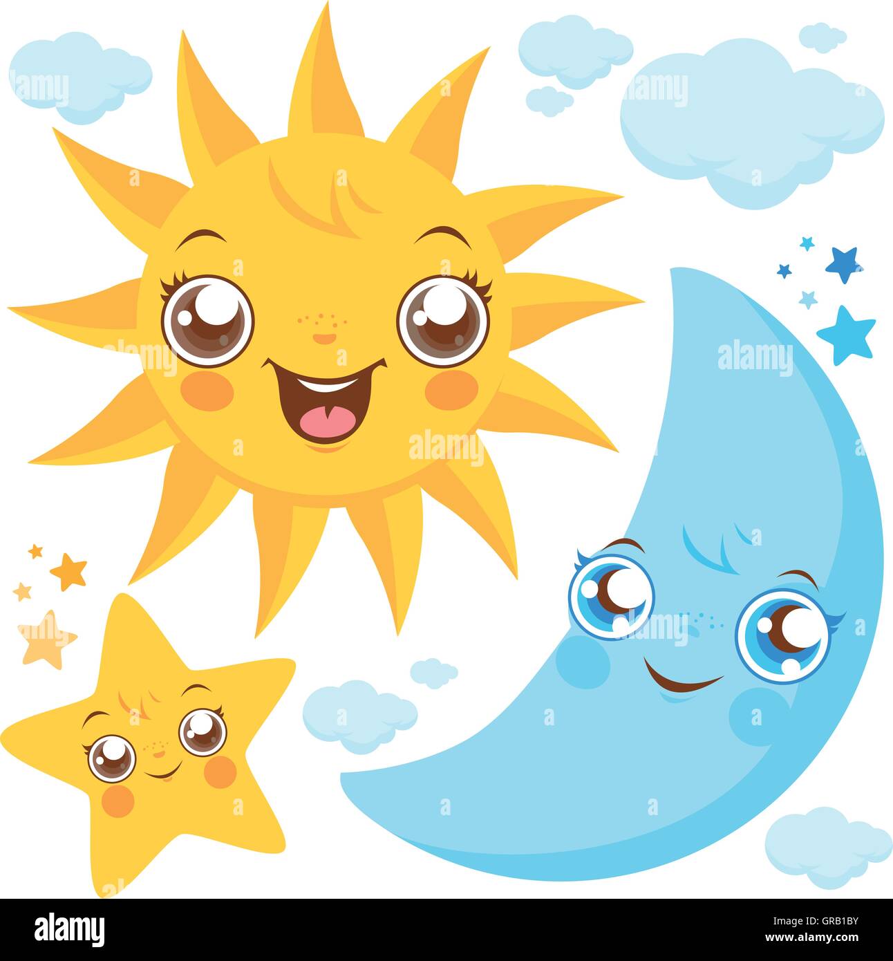 Cartoon sun, moon, stars and cloud characters. Cute sky cartoon symbols ...
