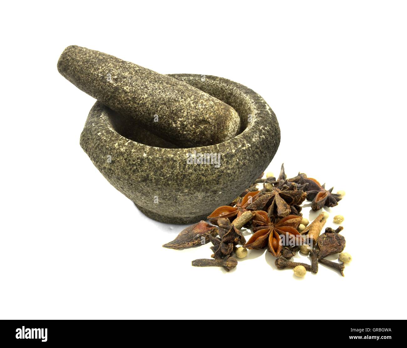 Stone Mortar And Spices Stock Photo - Alamy