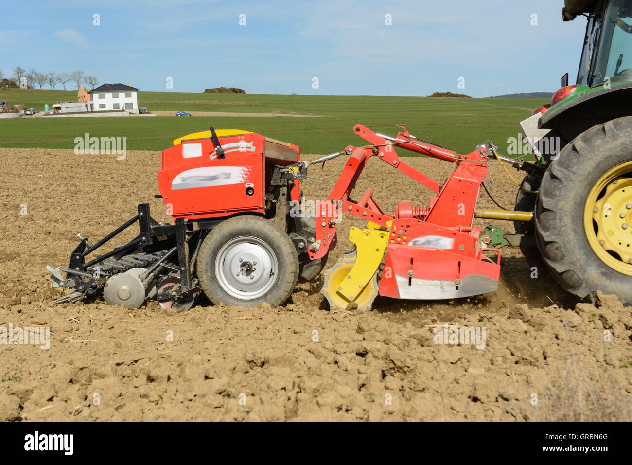 Sowing Machine In Cereal Production On Arable Field Stock Photo - Alamy