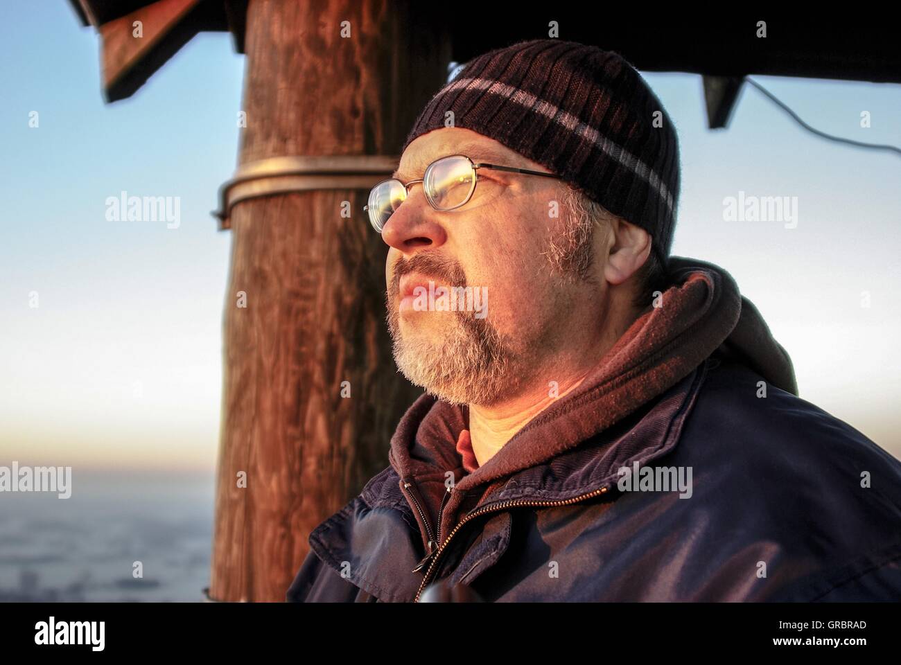 Man, Lookout Tower, Winter Stock Photo - Alamy