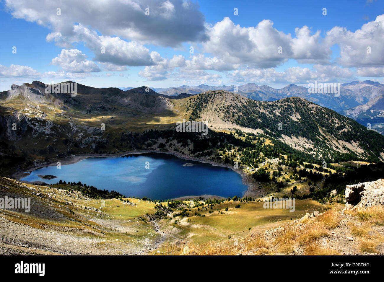 Panorama View With Mountain Lake Allos, French Alps, France Stock Photo ...