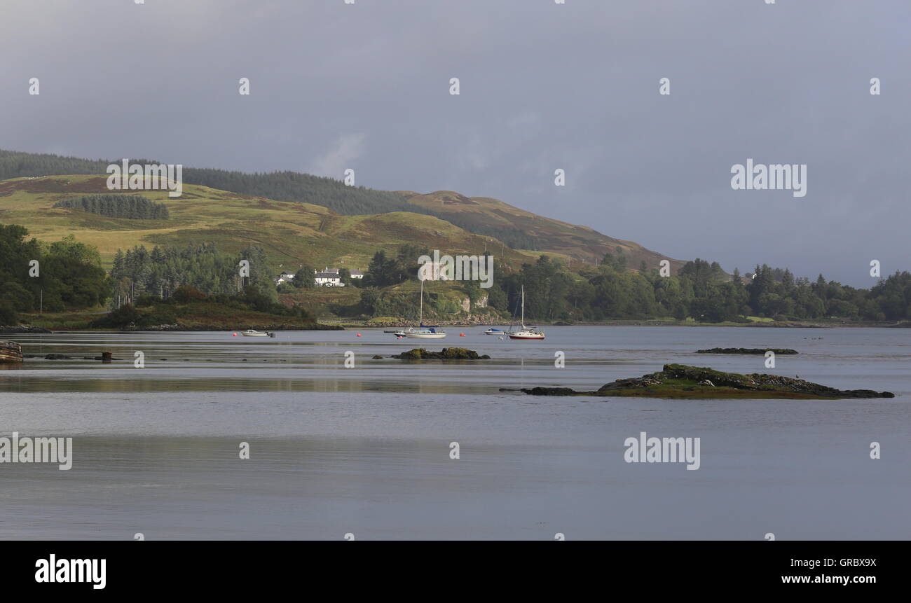 Yachts and Aros castle near Salen Isle of Mull Scotland September 2016 ...