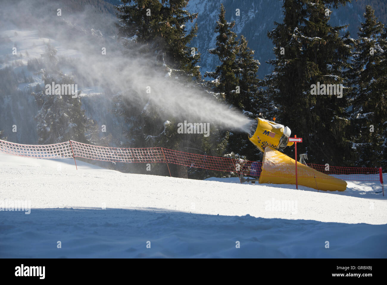 Active Yellow Snow Cannon In Front Of Fir Trees Stock Photo - Alamy