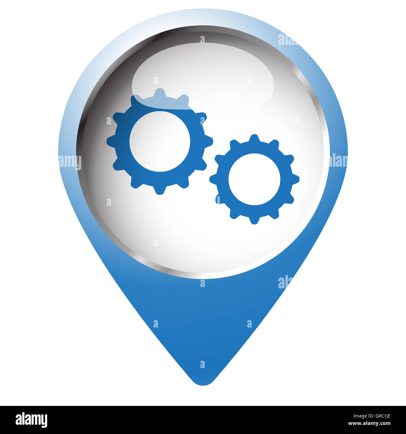 Map pin symbol with Gears icon. Blue symbol on white background Stock ...
