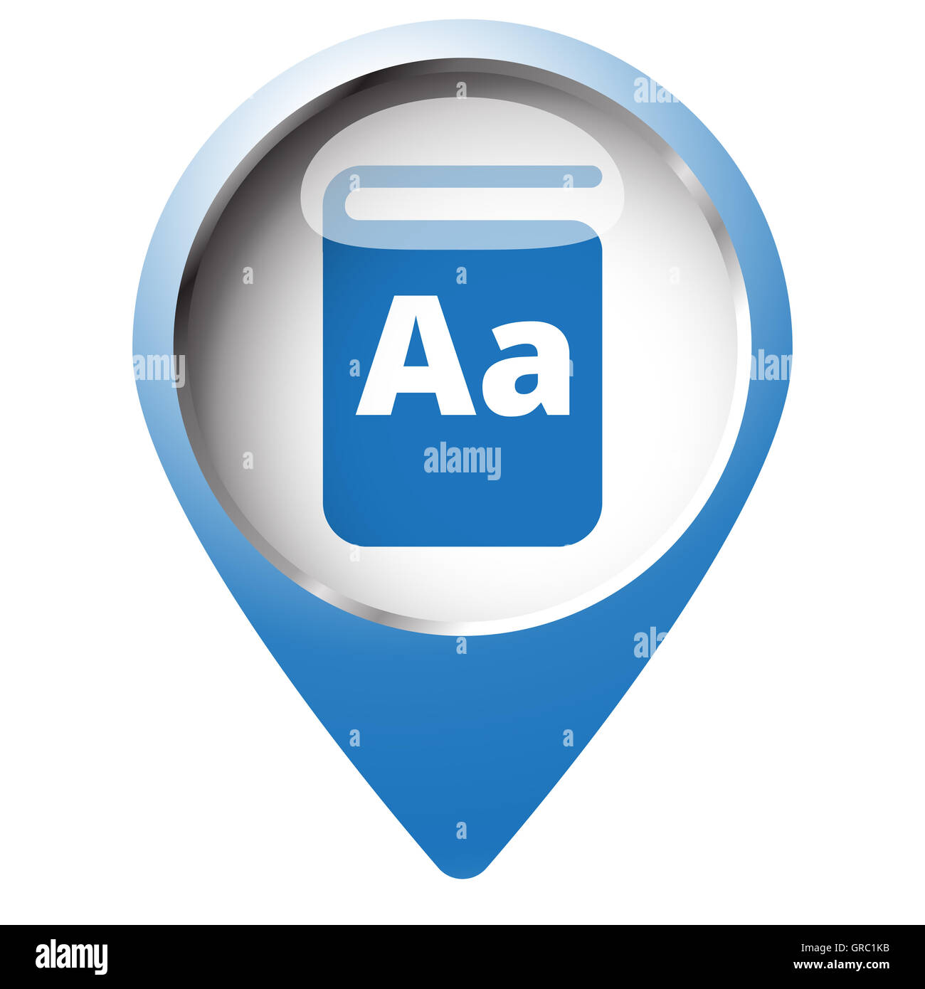 Map pin symbol with Text Book icon. Blue symbol on white background ...