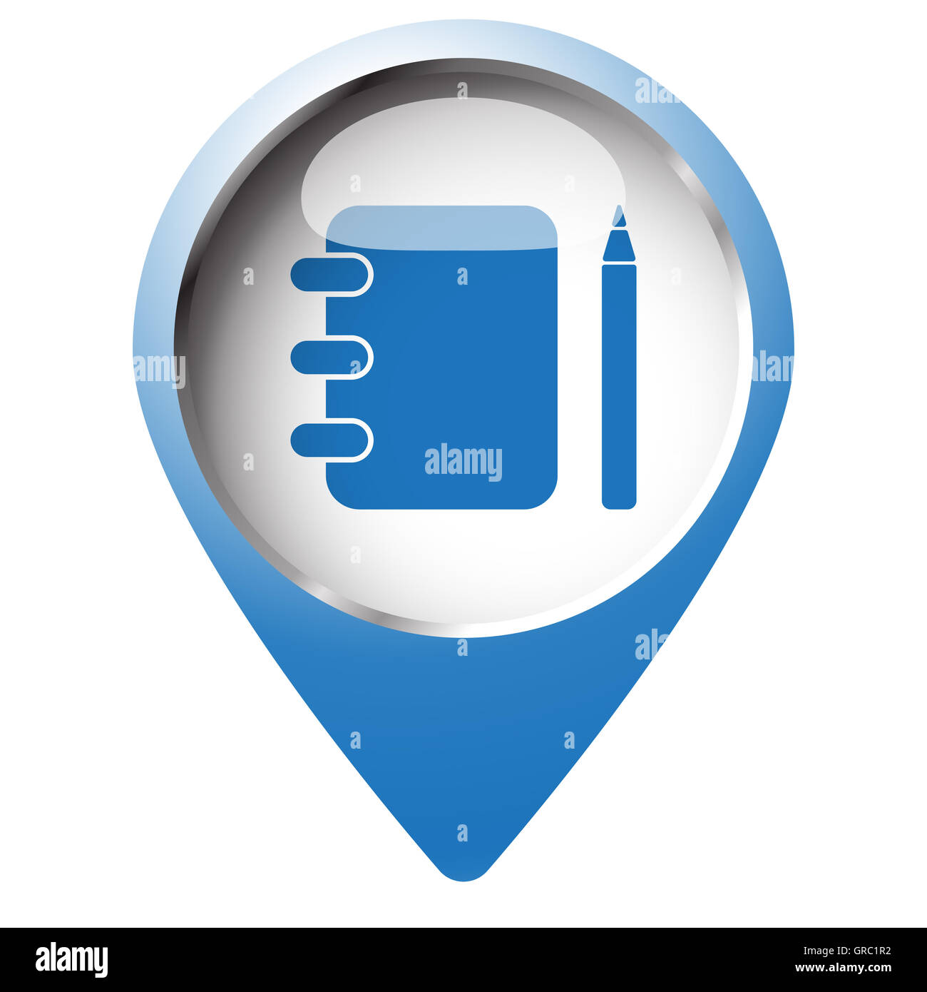 Map pin symbol with Note Book icon. Blue symbol on white background ...