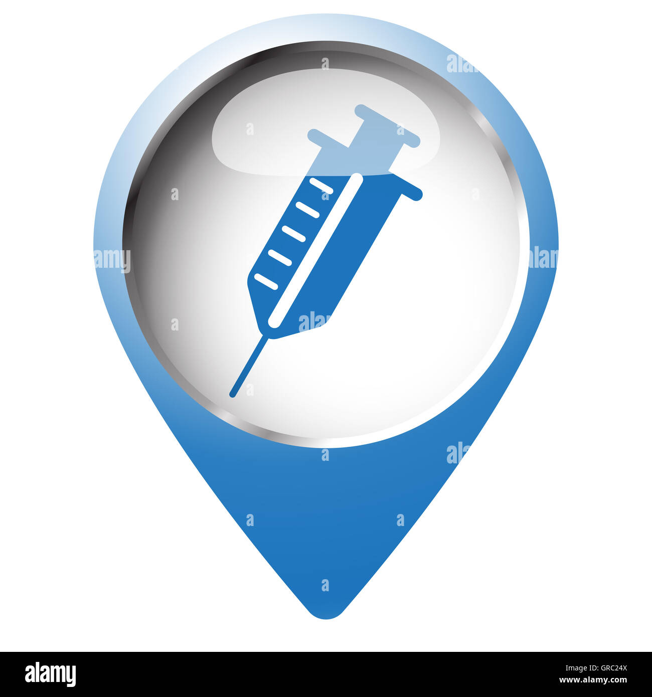 Map pin symbol with Syringe icon. Blue symbol on white background Stock ...