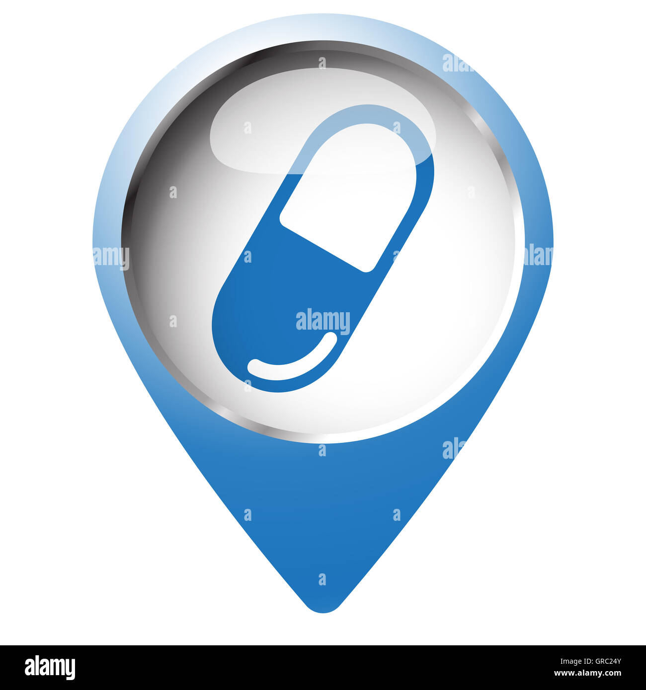 Map pin symbol with Pill icon. Blue symbol on white background Stock ...