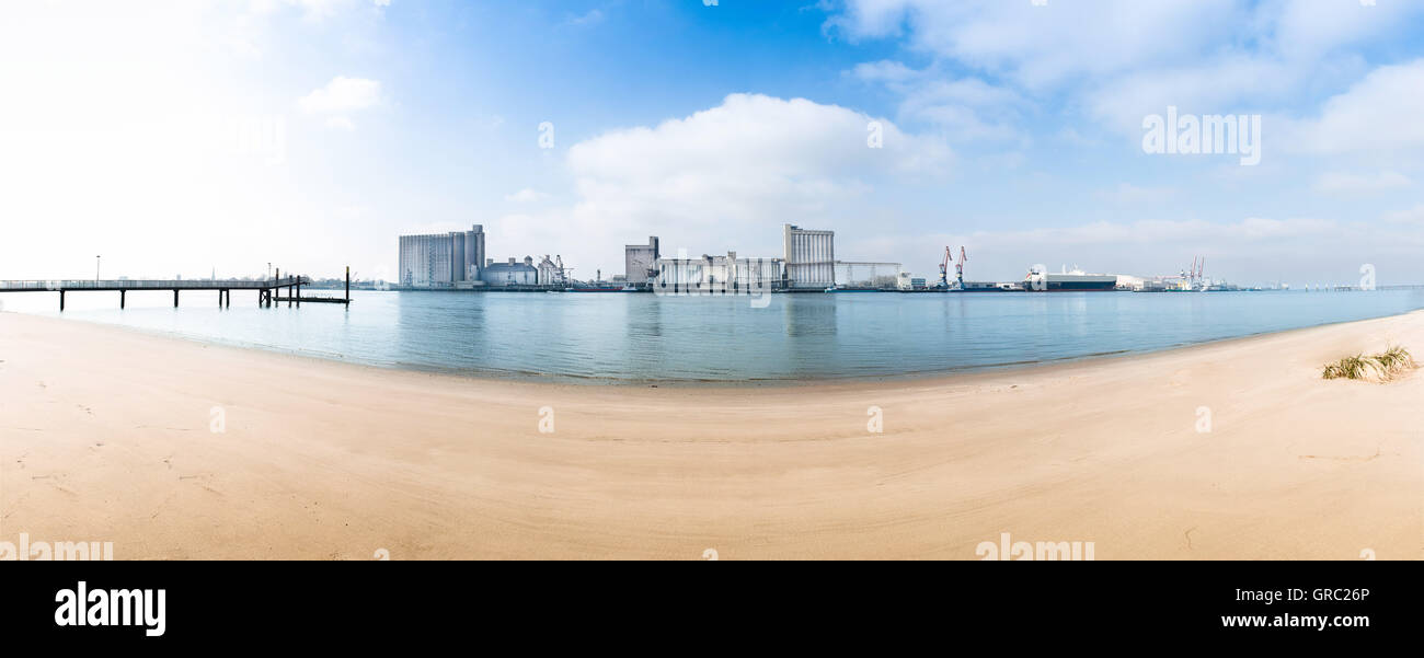 Sandy Beach With Industry On The Other Bank Of River, Panoramic Stock ...