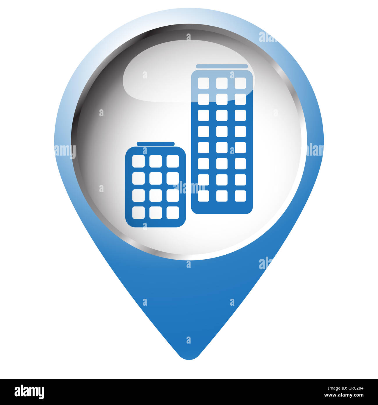 Map pin symbol with Skyscrapers icon. Blue symbol on white background ...