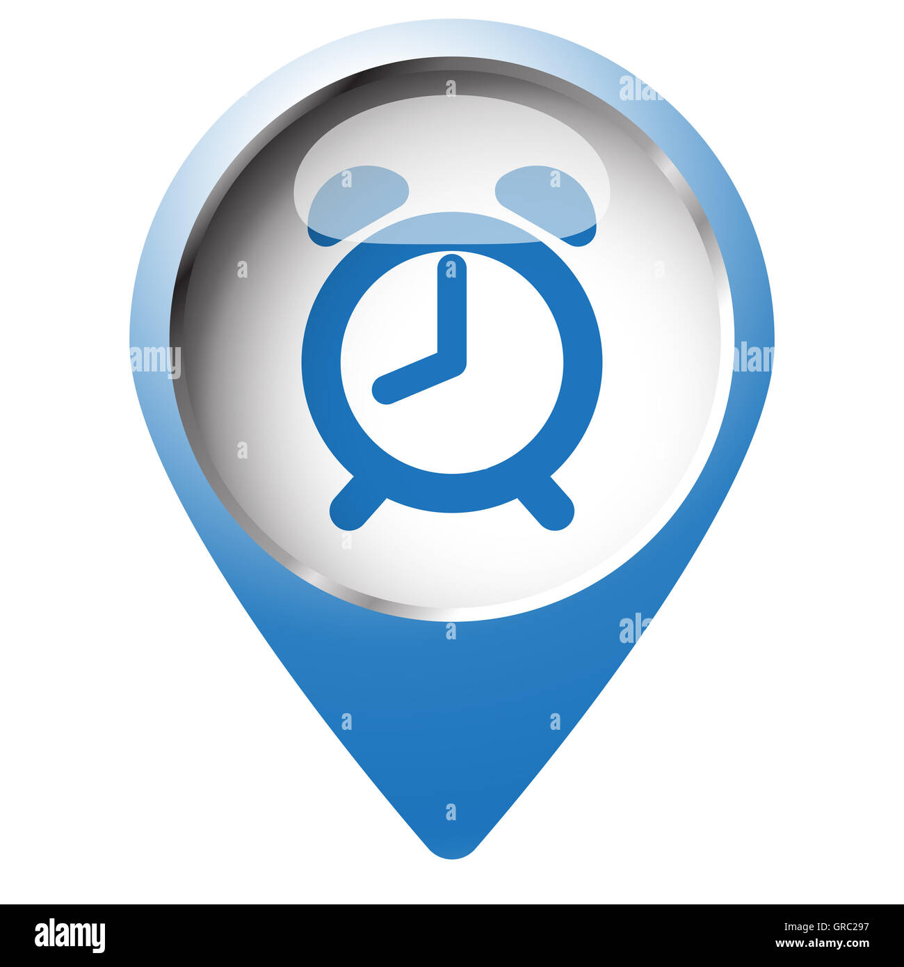 Map pin symbol with Alarm Clock icon. Blue symbol on white background ...