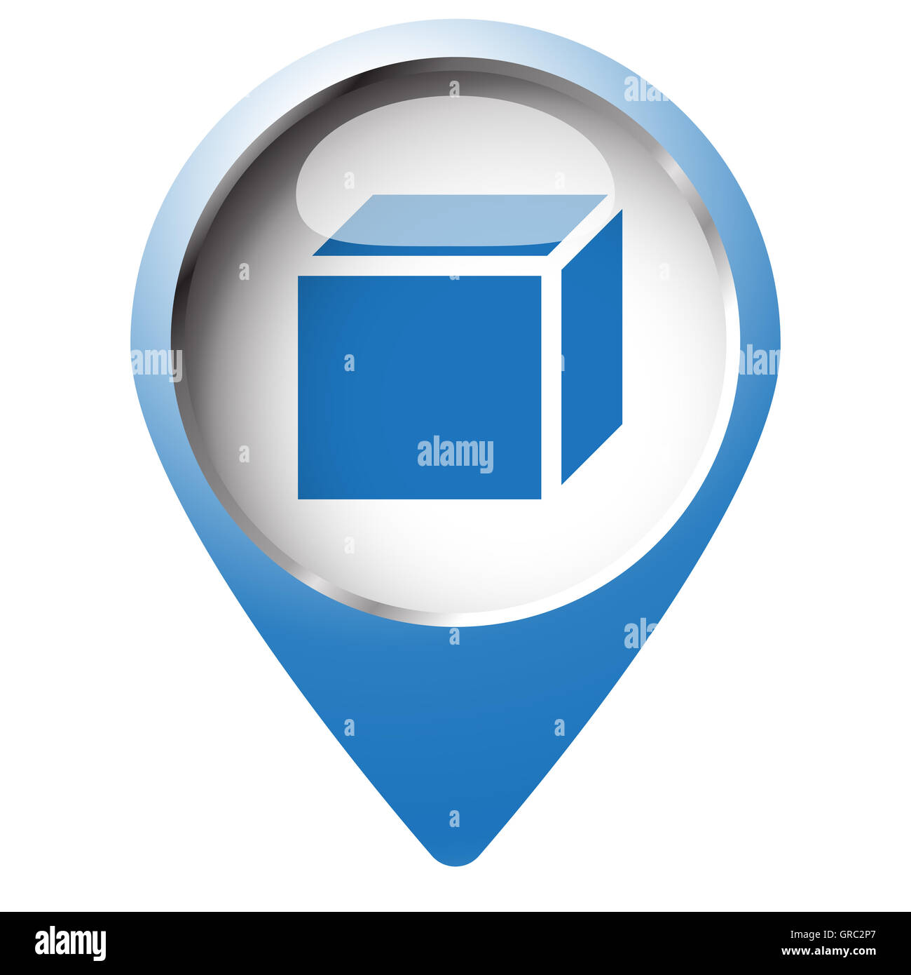 Map pin symbol with 3D Box icon. Blue symbol on white background Stock ...