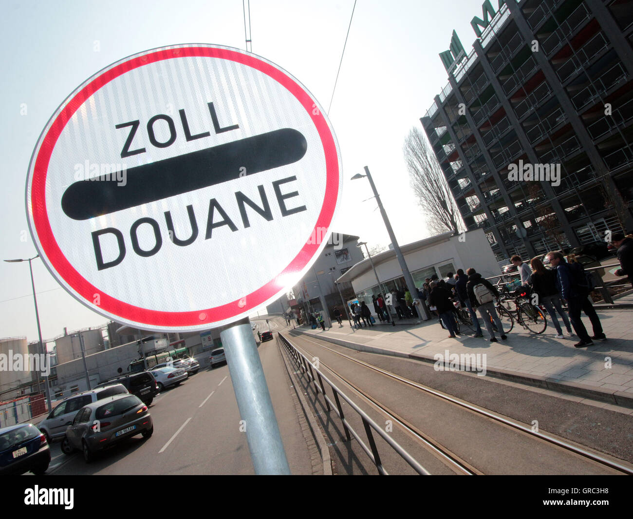 Customs Traffic Sign At German Swiss Border At Weil Am Rhein Stock ...