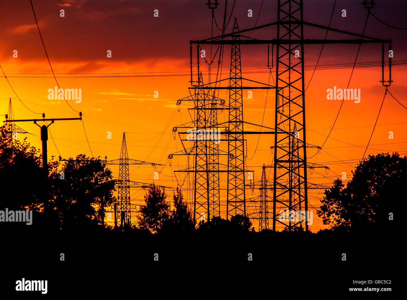 Power Lines And Sunset Stock Photo - Alamy