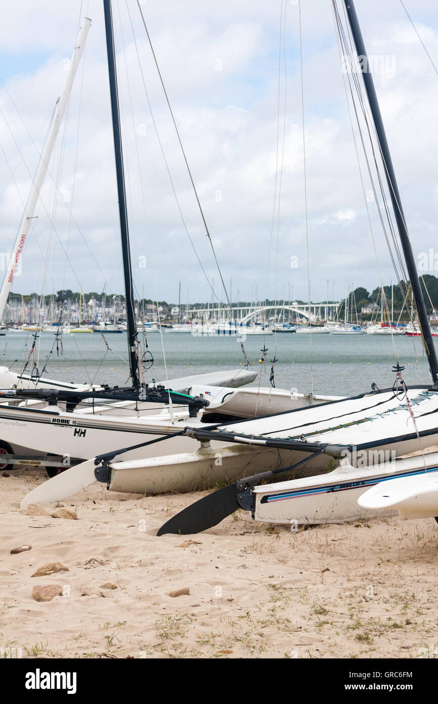 A row of boats and beachable catamarans on the sand at La Trinité-sur ...