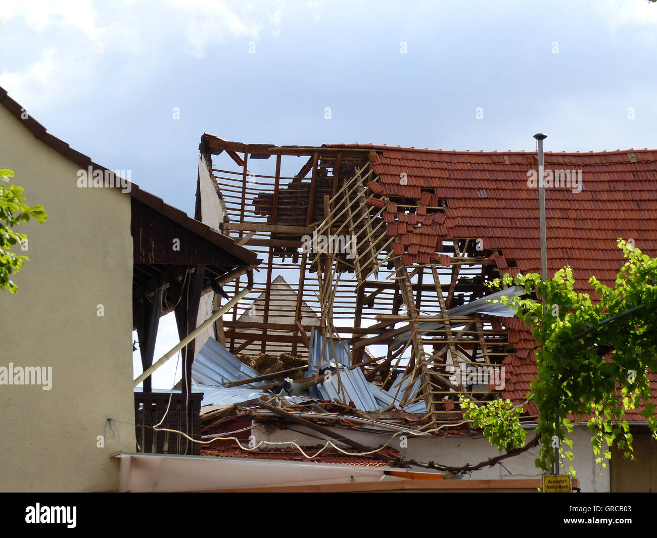 Destroyed Roof After A Storm, Framersheim, Rheinland Pfalz Stock Photo ...