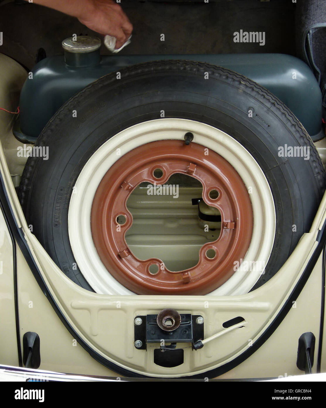 Looking Under The Hood Of An Old Vw Beetle With Spare Wheel Stock Photo ...