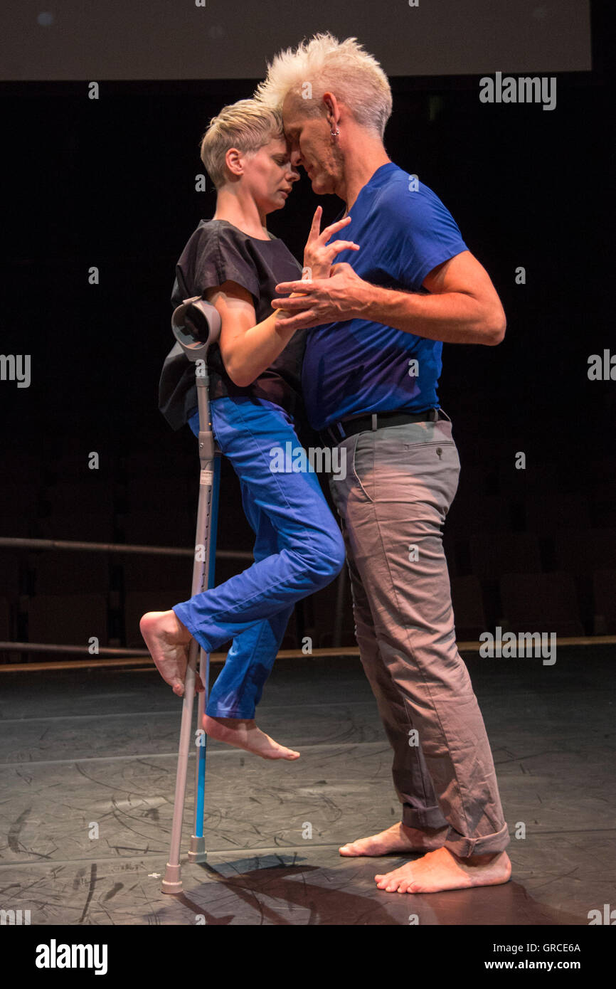 London, UK. 6 September 2016. Claire Cunningham and Jess Curtis perform ...