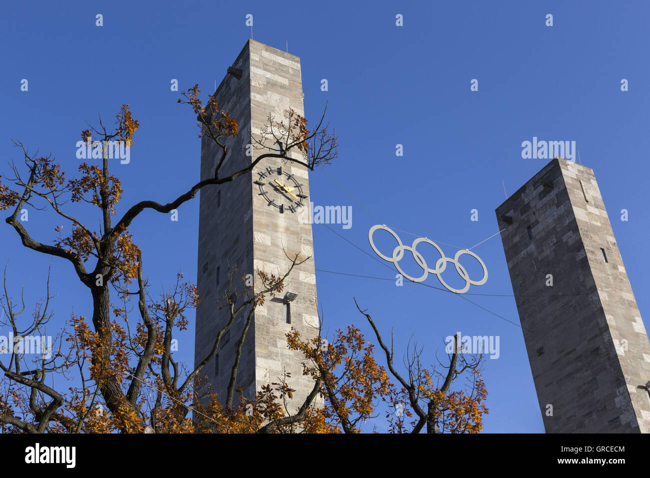 Columns With Olymischen Rings At The Entrance To The Olympic Stadium ...