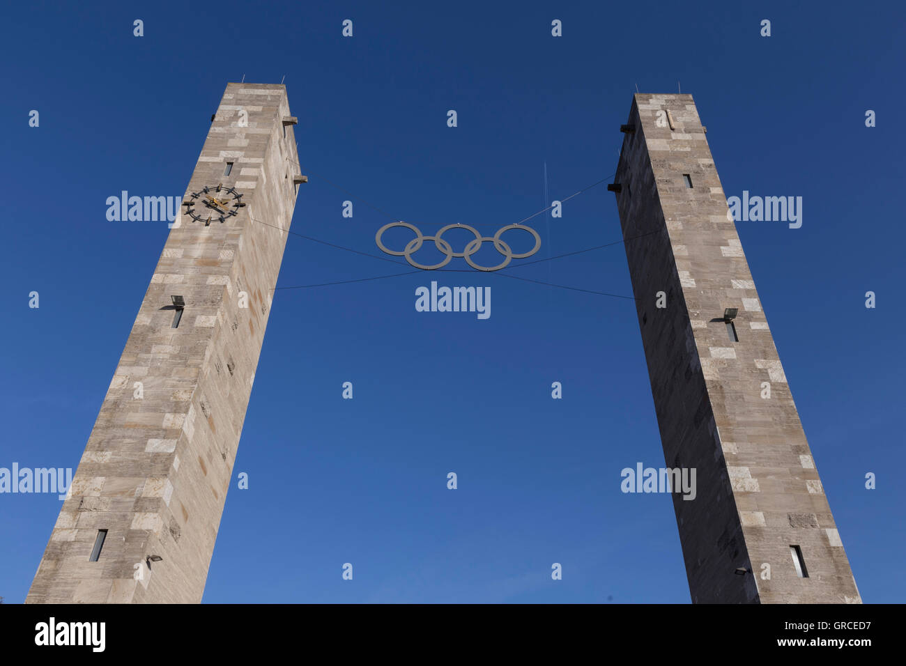Columns With Olymischen Rings At The Entrance To The Olympic Stadium ...