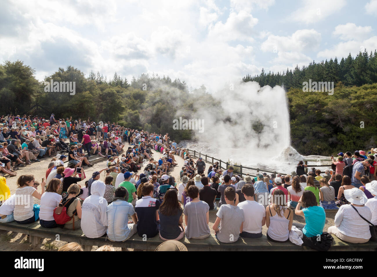 Rotorua, New Zealand - February 25, 2015: Tourists watching the ...