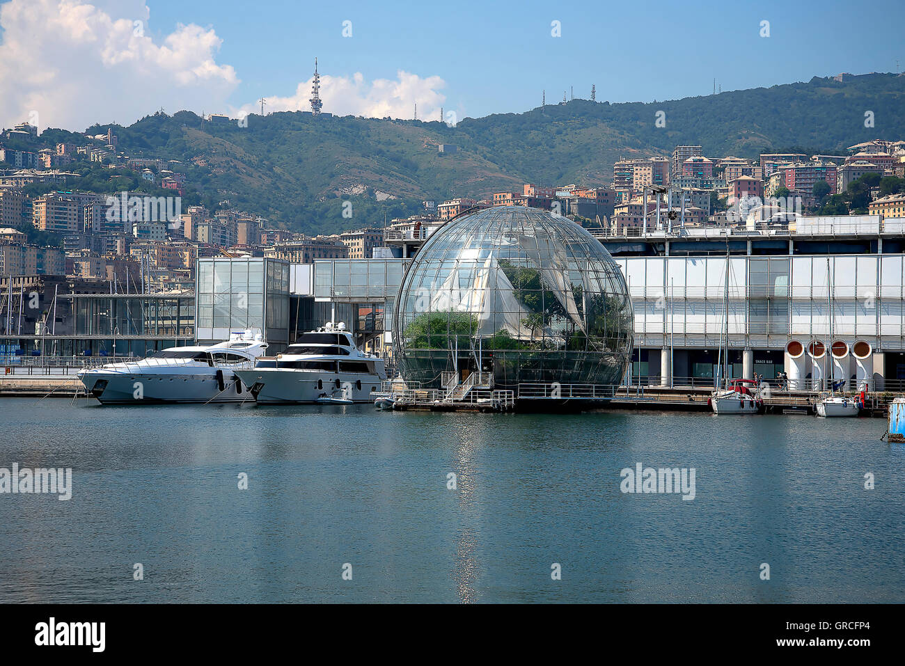 The waterfront buildings and sights in Genoa Italy,this is the eco-dome ...