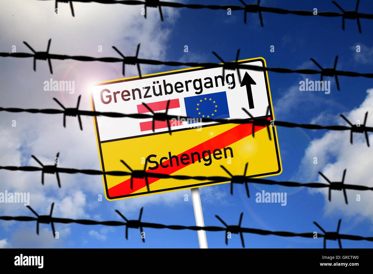 Traffic Sign End Of Schengen And Direction Towards Border Of Austria ...