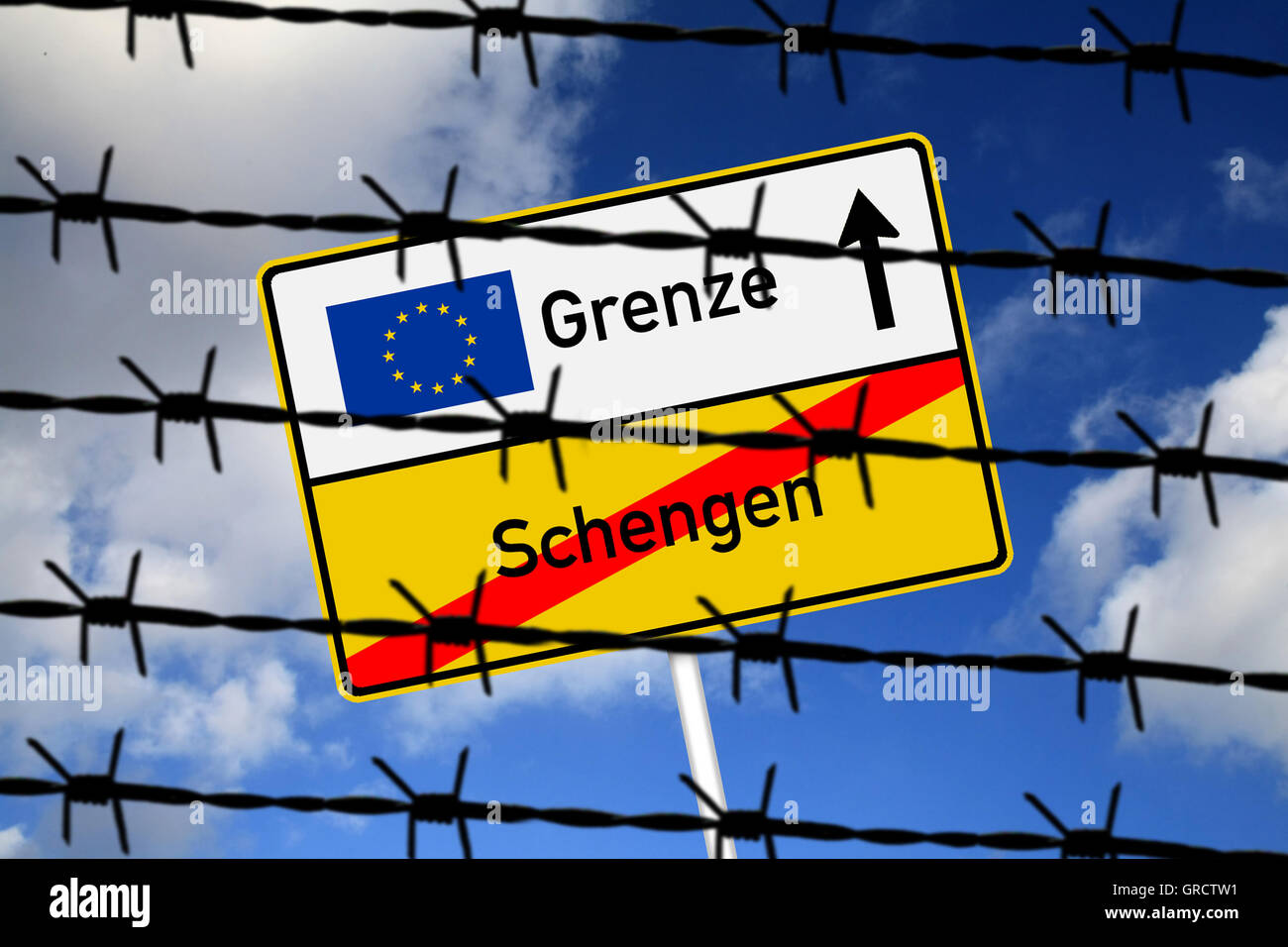 Traffic Sign End Of Schengen And Direction Towards Border With Barbed ...