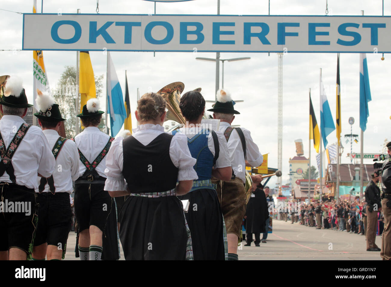 Brass Band Dressed In Traditional Bavarian Style Marching To ...