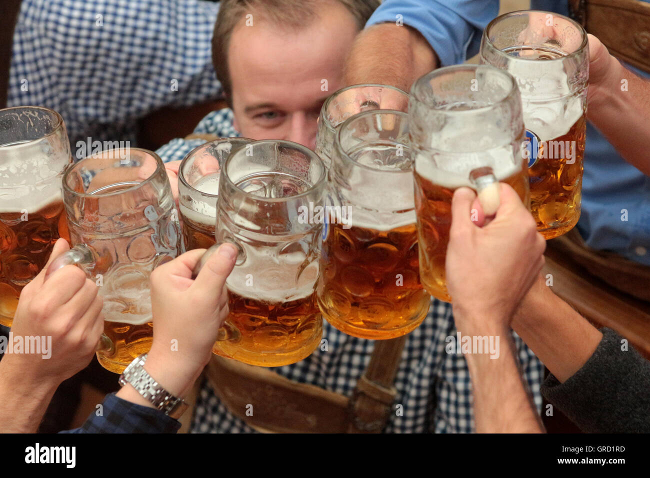 Visitors Of Munich Oktoberfest Toast Each Other With Glasses Of Beer ...