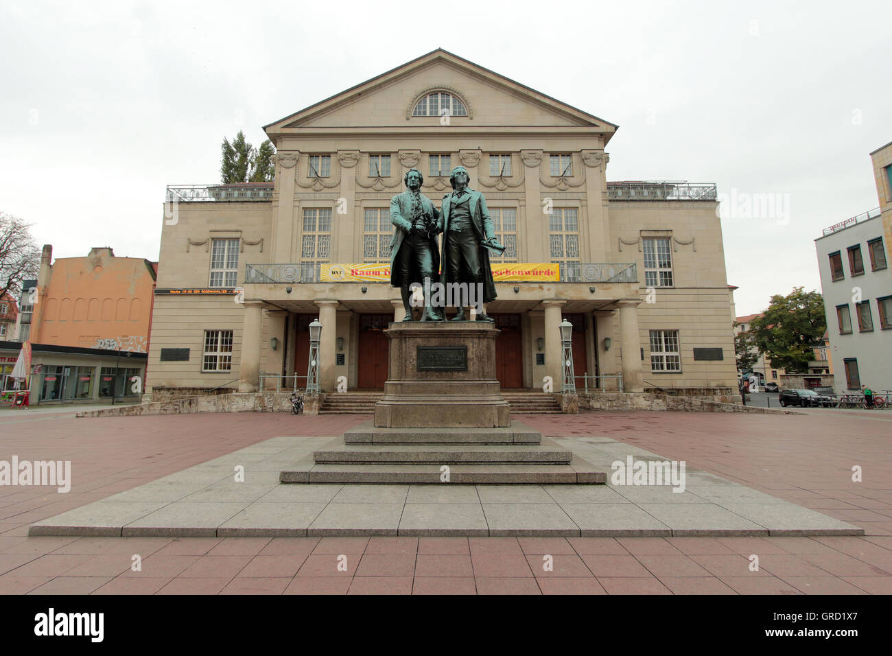 National Theater With Sculptures Of Goethe And Schiller In Weimar Stock ...