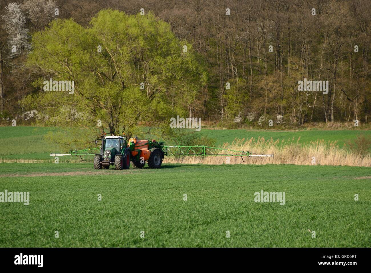 Farmer Spraying Pesticides With Green Tractor On A Field Stock Photo ...