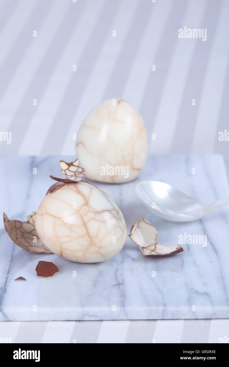 Boiled Egg With Marble Pattern On The Surface On A Marble Slab Stock ...