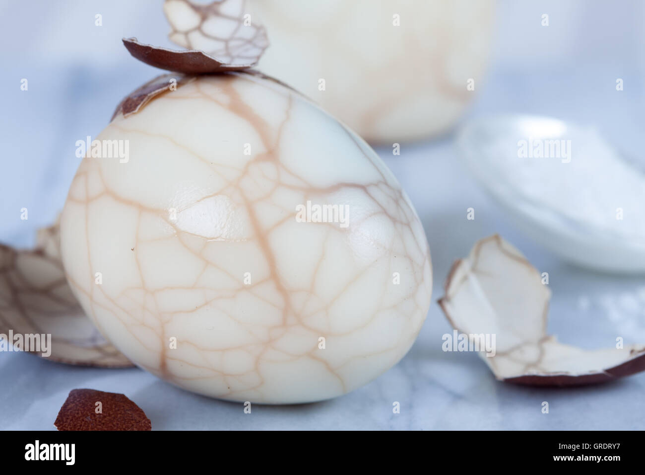 Boiled Egg With Marble Pattern On The Surface On A Marble Slab Stock ...