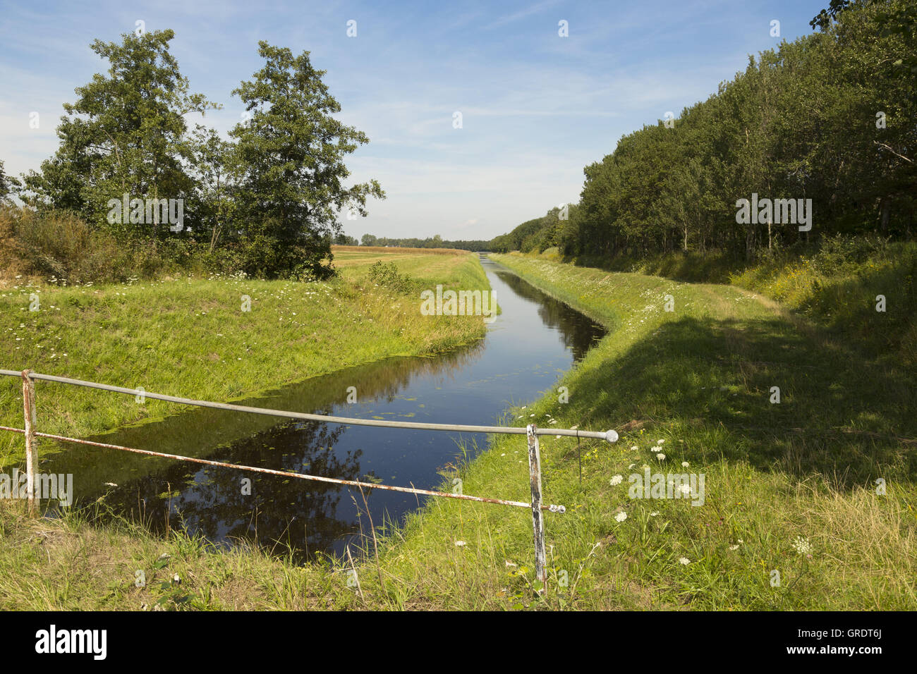 Bend In A Drainage Canal With Bridge Railing Stock Photo - Alamy