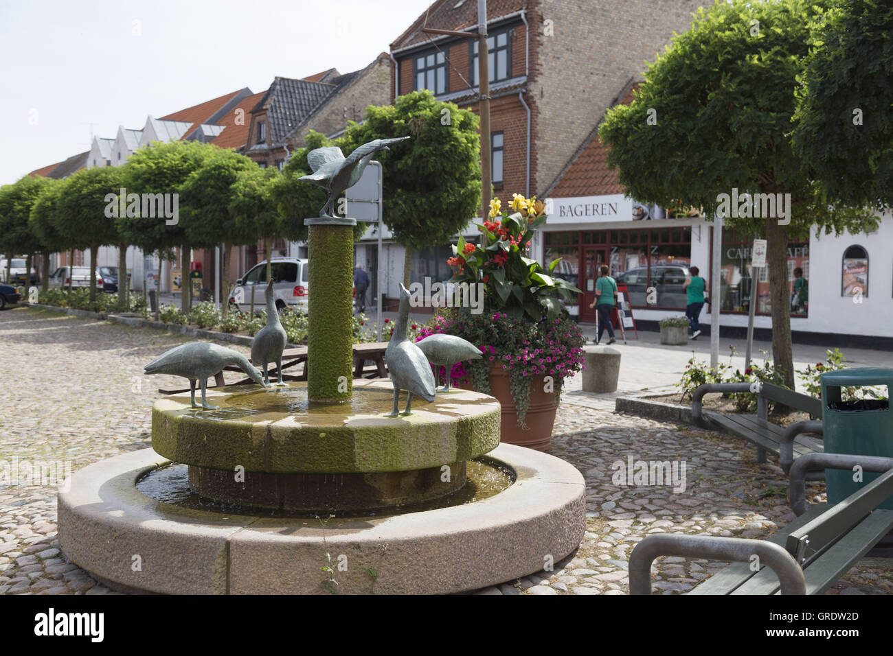 Fountain With Geese Figures Of Metal In The Center Of Rodby Stock Photo ...