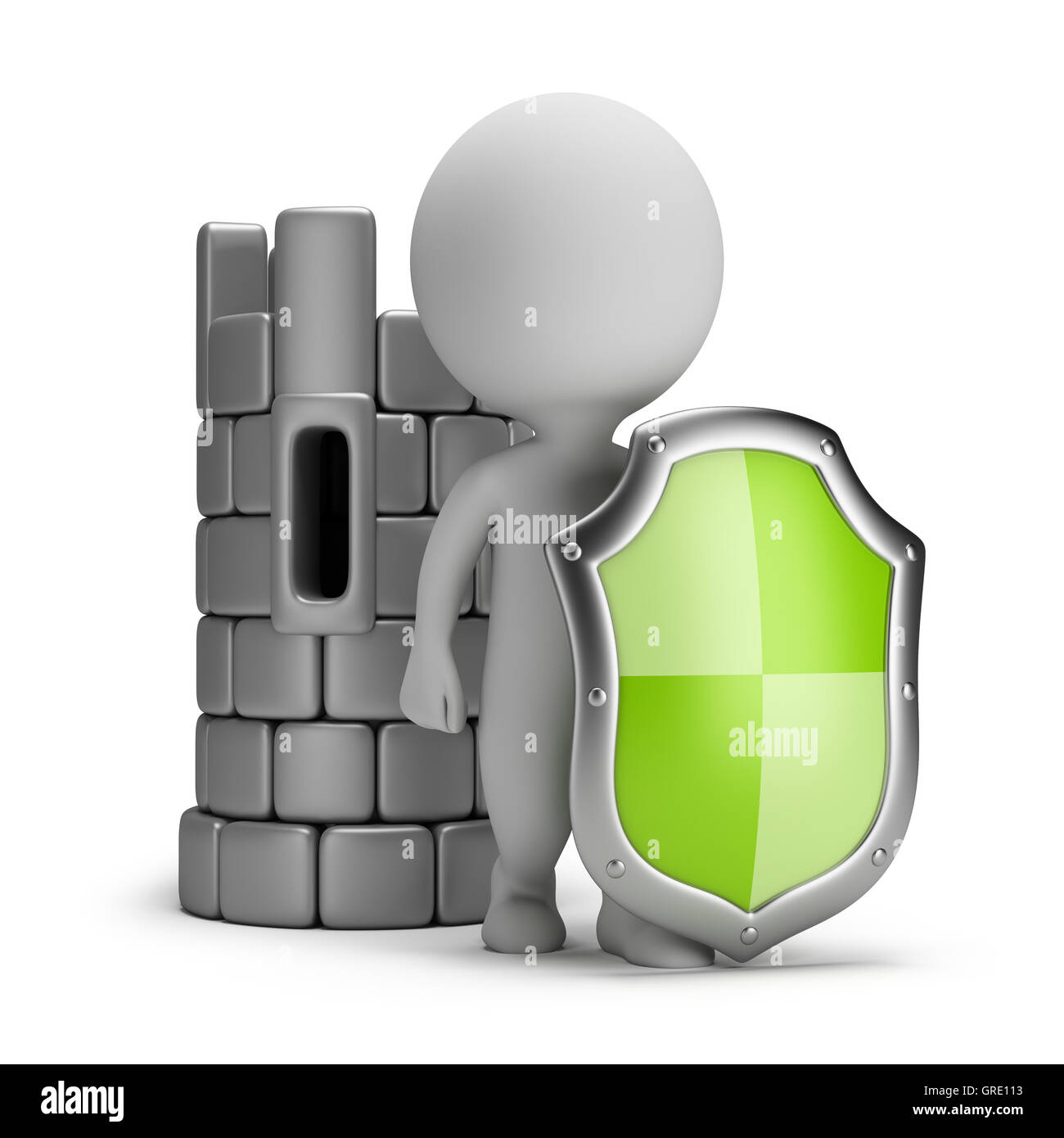 3d small people - shield and a castle Stock Photo - Alamy