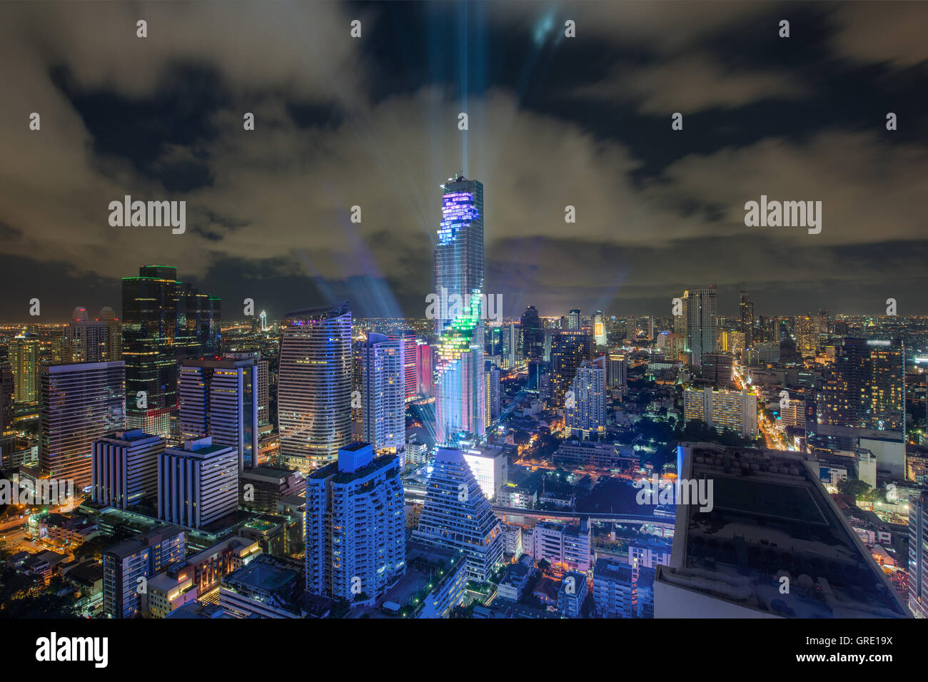 Light and sound show on Mahanakhon building,Mahanakhon building is ...
